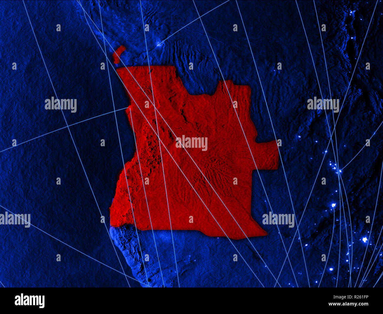 Angola on blue digital map with networks. Concept of international ...