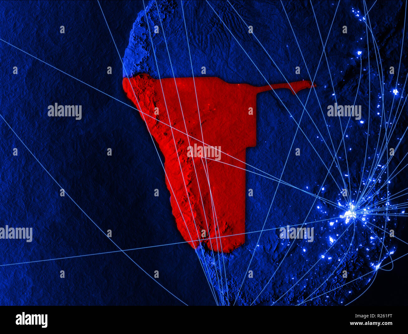 Namibia on blue digital map with networks. Concept of international ...