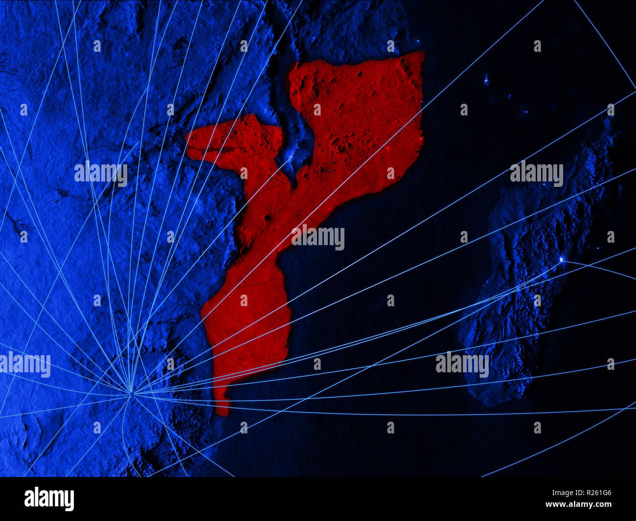 Mozambique on blue digital map with networks. Concept of international ...