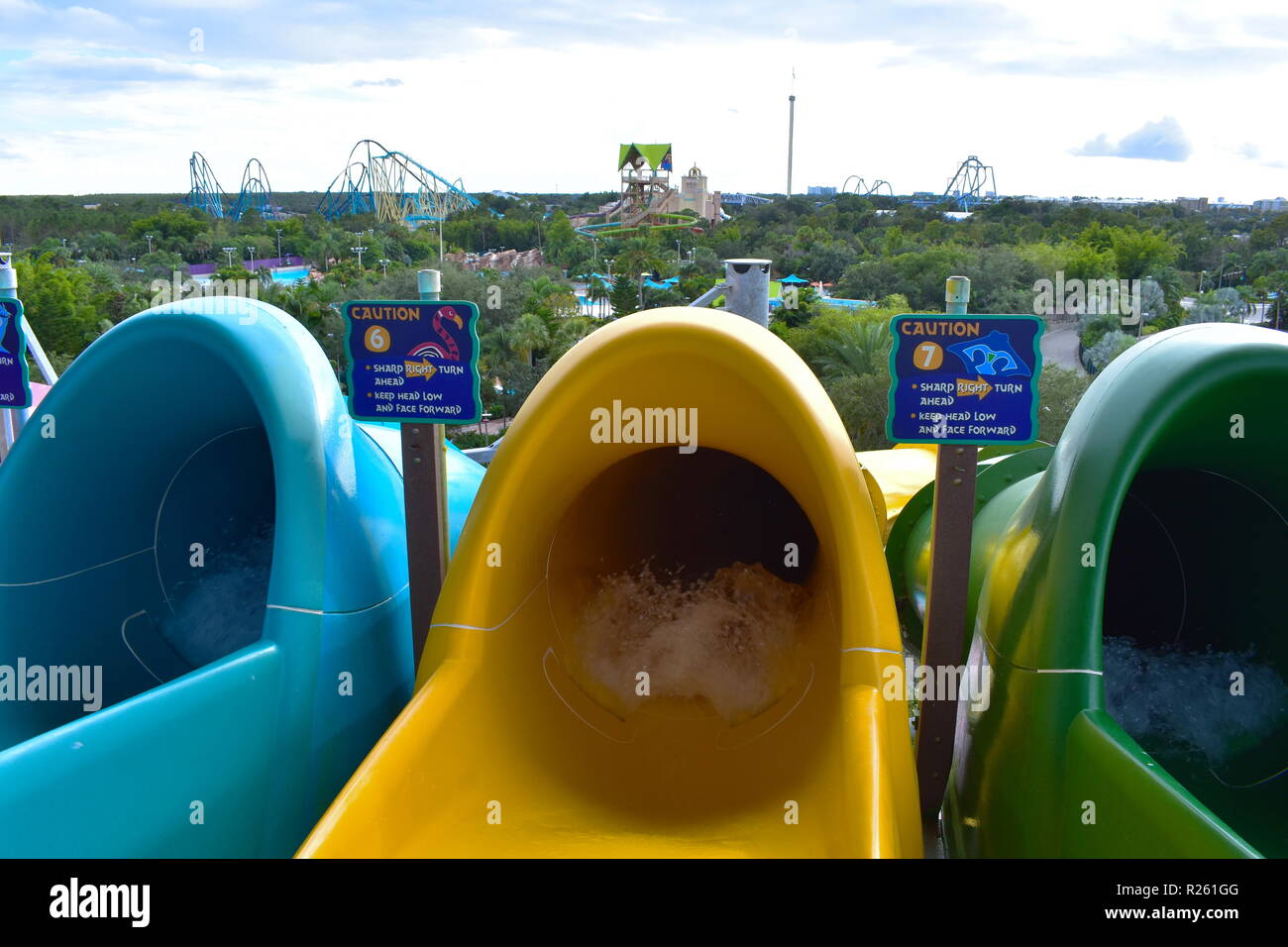 Orlando, Florida. October 22, 2018 Colorful slides on panoramic view of ...