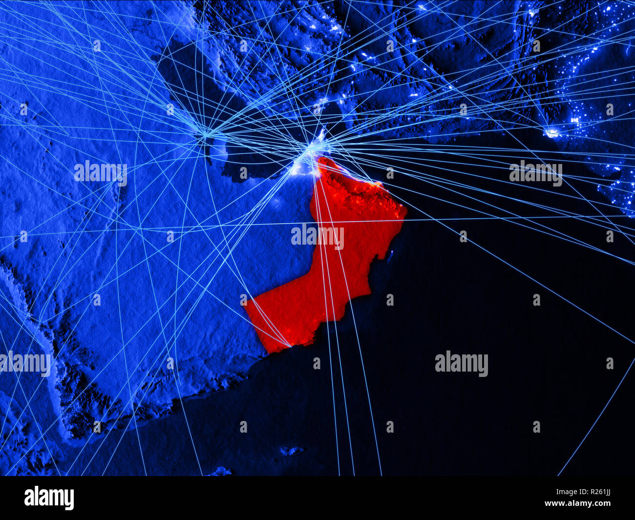 Oman on blue digital map with networks. Concept of international travel ...