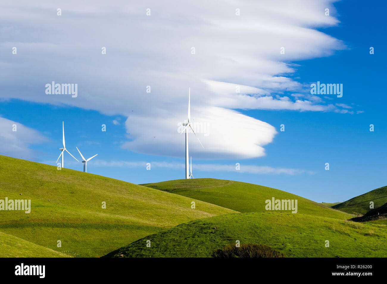 Wind turbines on the hills of east San Francisco bay area, Altamont ...