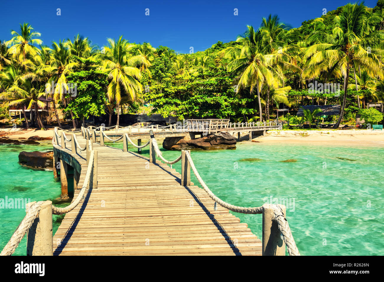 Scenery bridge to a tropical beach overgrown with wild tropical palm ...