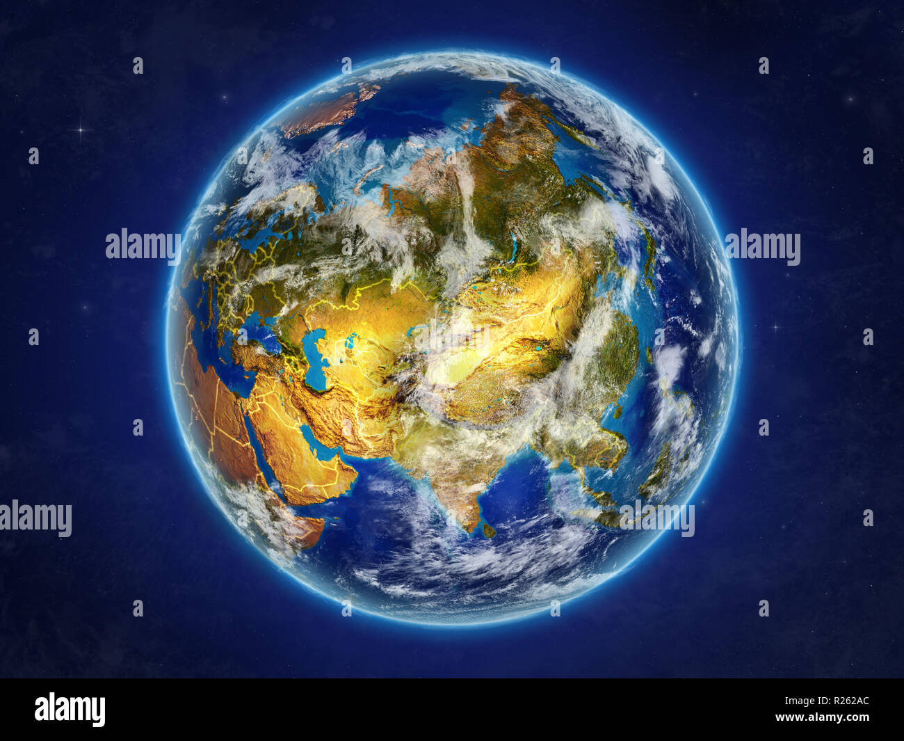 Asia from space on realistic model of planet Earth with country borders ...