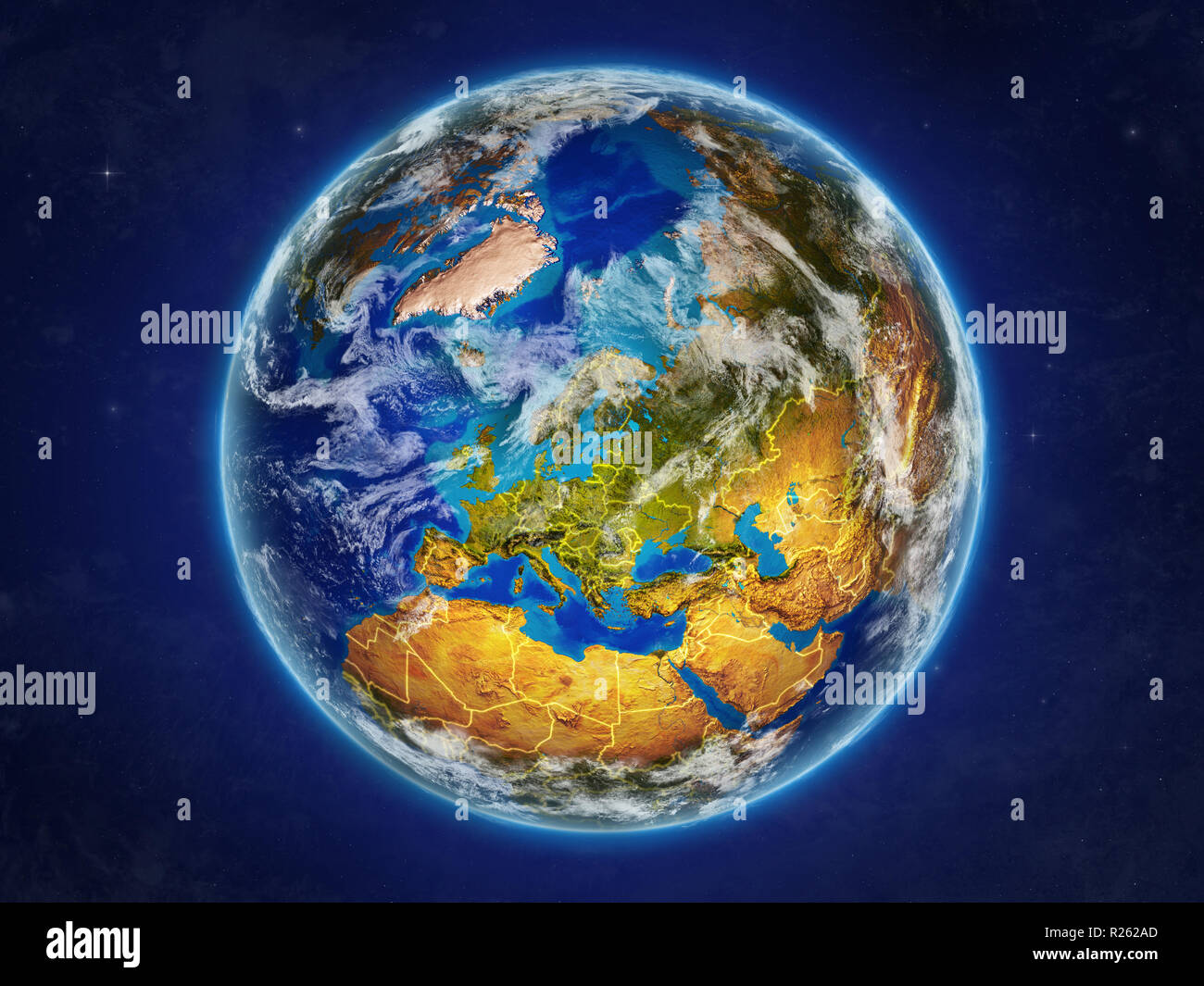 Europe from space on realistic model of planet Earth with country ...