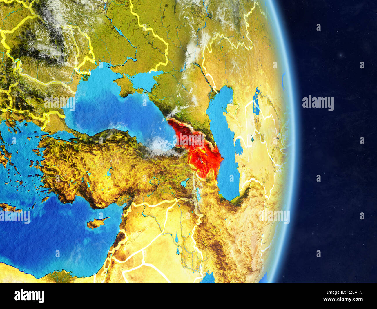 Caucasus region on planet planet Earth with country borders. Extremely ...