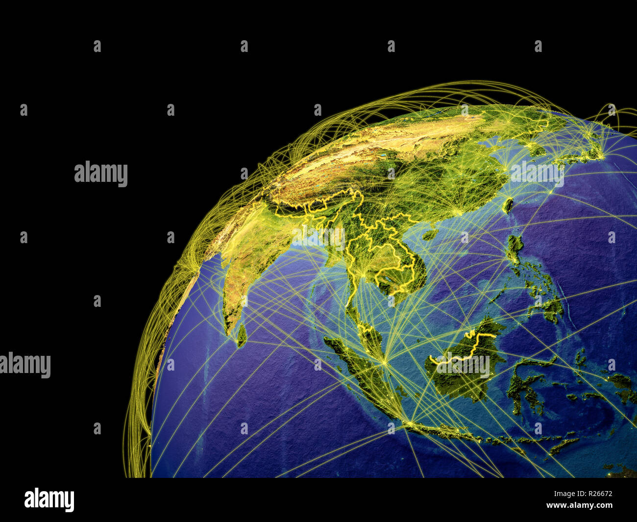 Asia from space on Earth with lines representing international ...