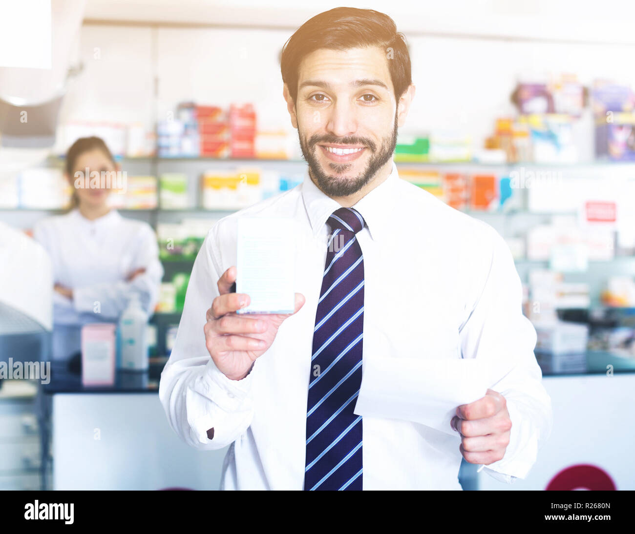 Portrait of happy man client who is satisfied of recommended medicines ...