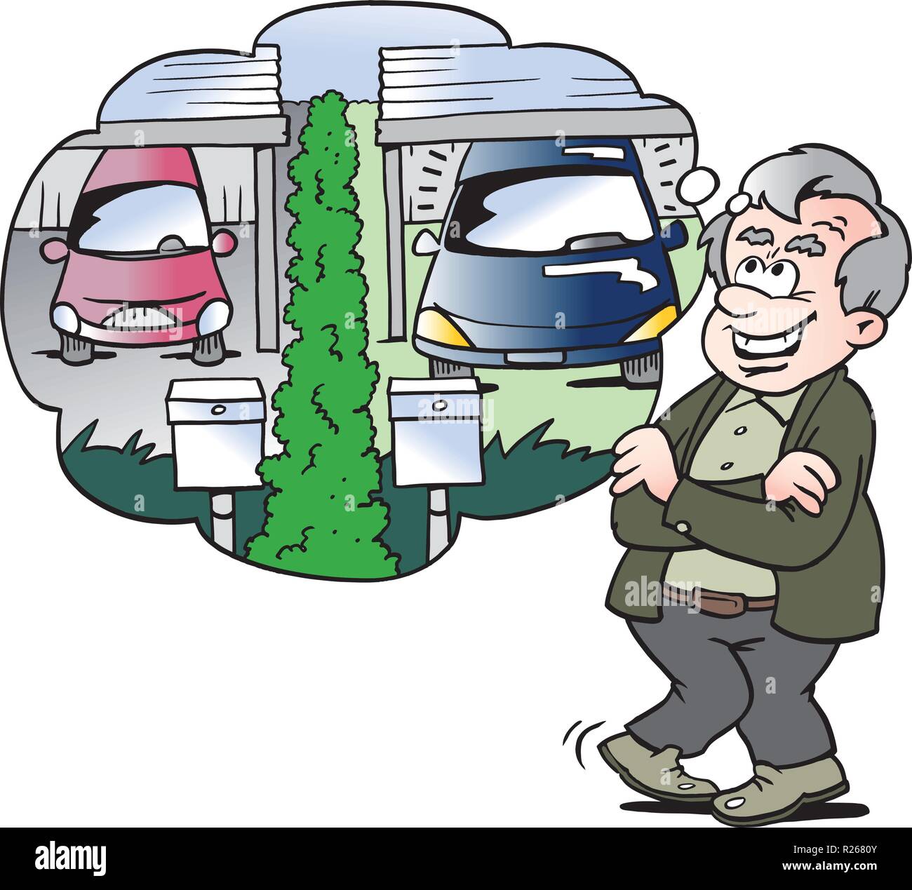 Cartoon Vector illustration of a happy old man compares the car with ...