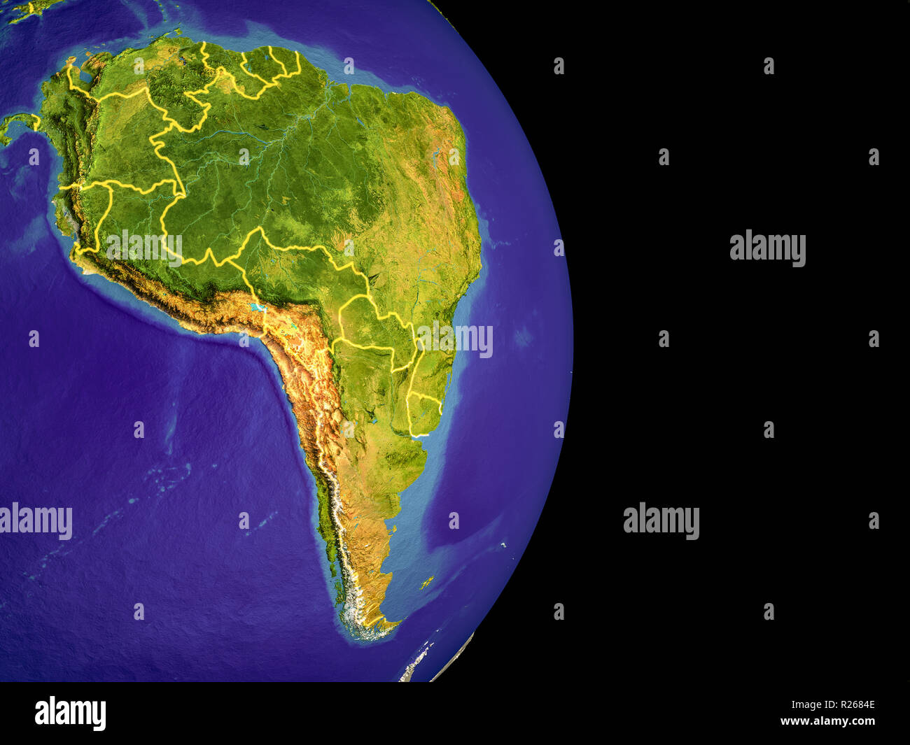 South America from space with visible country borders. Extremely fine ...