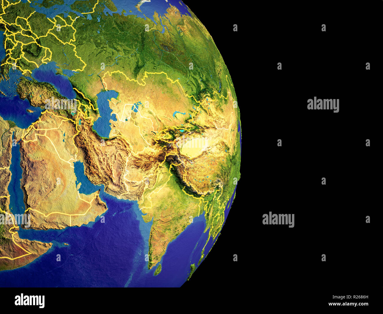 Asia from space with visible country borders. Extremely fine detail of ...