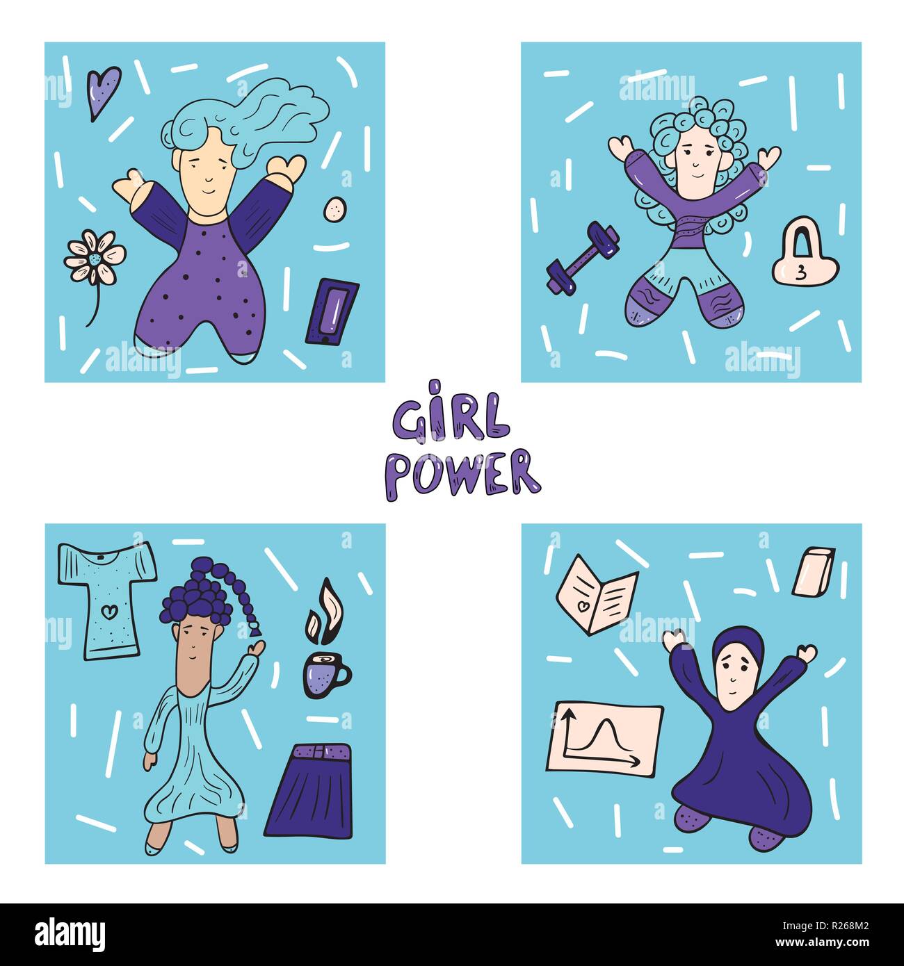 Vector illustration of girl power. Four square compositions in doodle ...