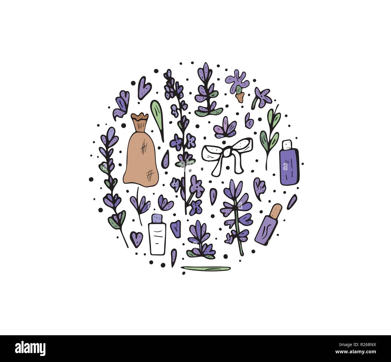 Lavender round set composition in doodle style. Circle concept of ...
