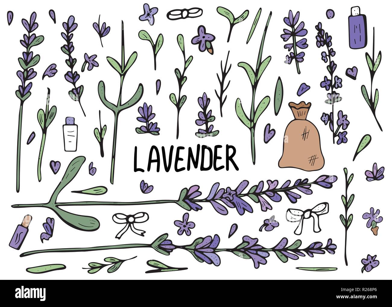 Lavender collection in doodle style. Flowers elements isolated on white ...