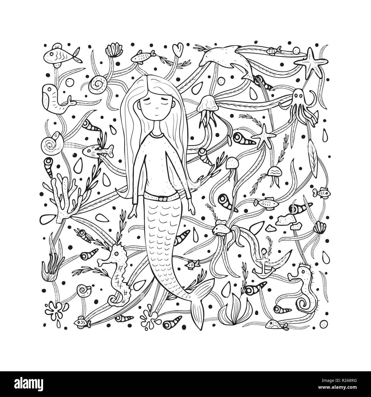 Mermaid and sea set in doodle style. Square composition of underwater ...