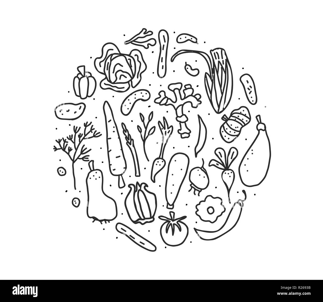 Vector circle composition of vegetables. Collection of veg in doodle ...