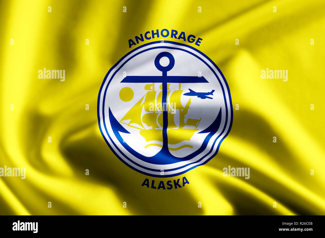 Anchorage Alaska 3D waving and closeup flag illustration with ...