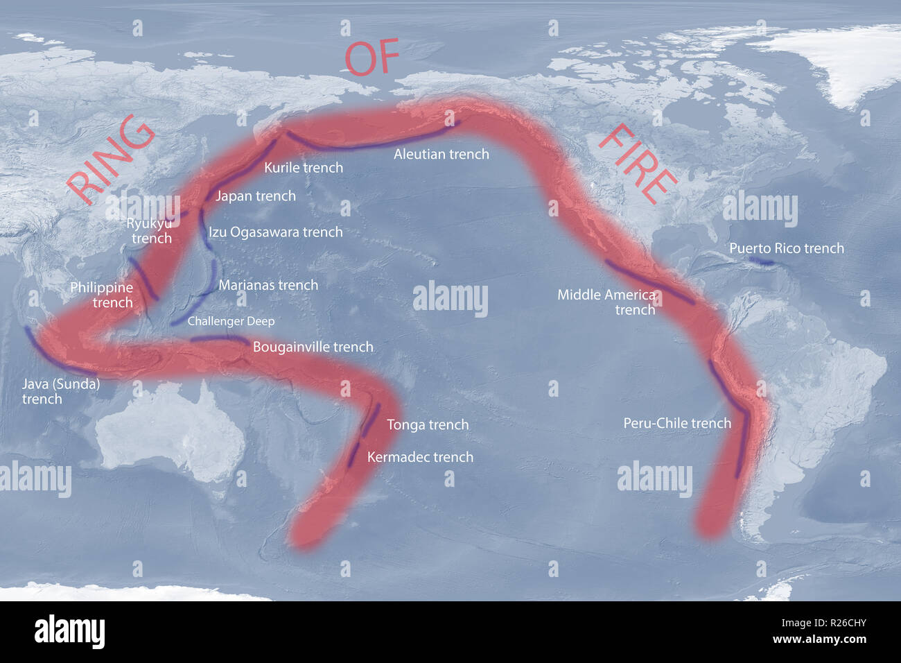 Pacific 'Ring of Fire' map with trenches (image for illustrative ...