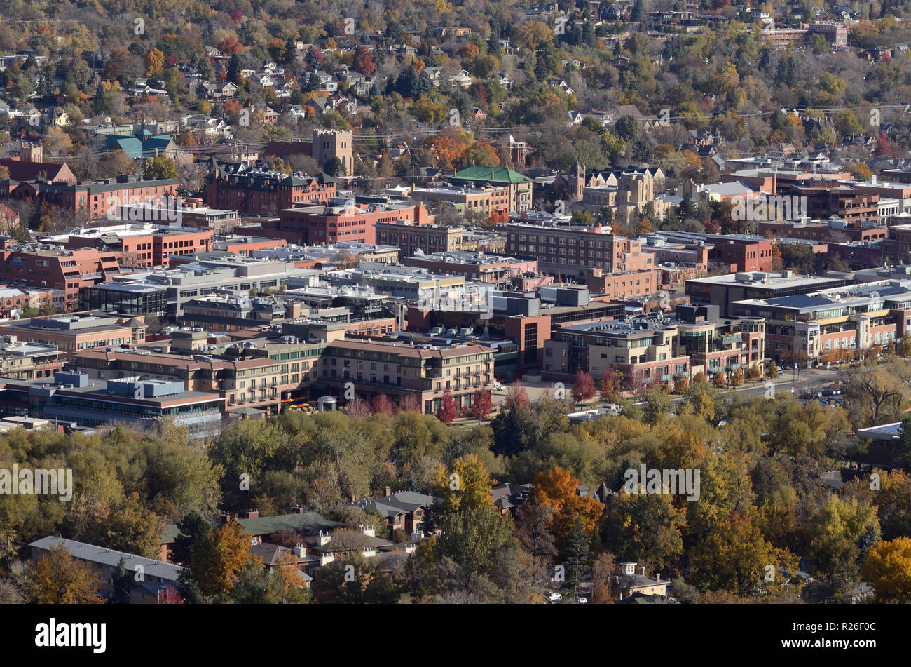 Downtown Boulder, CO photographed from Flagstaff Mountain on a clear ...