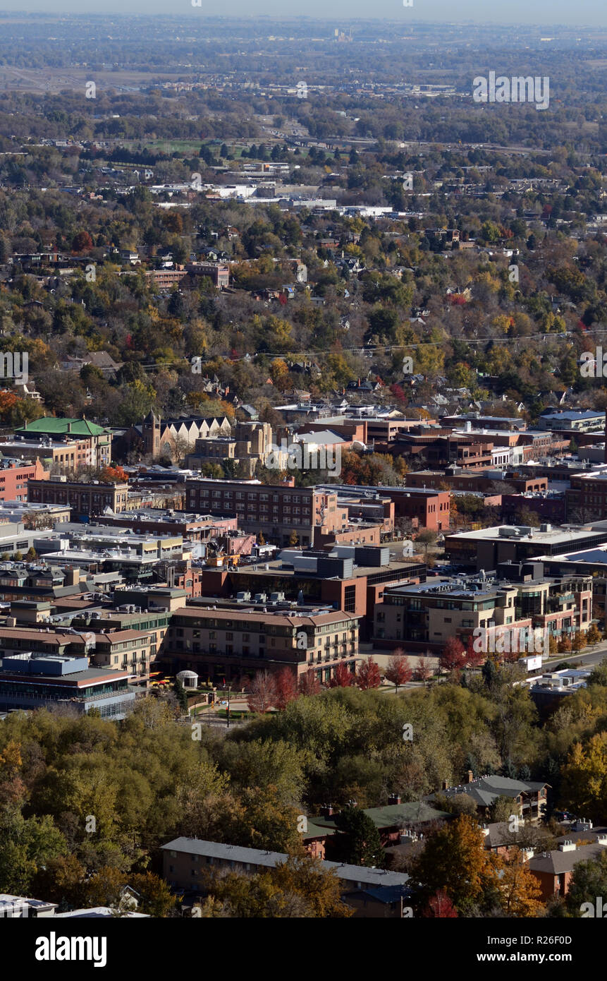 Downtown Boulder, CO photographed from Flagstaff Mountain on a clear ...