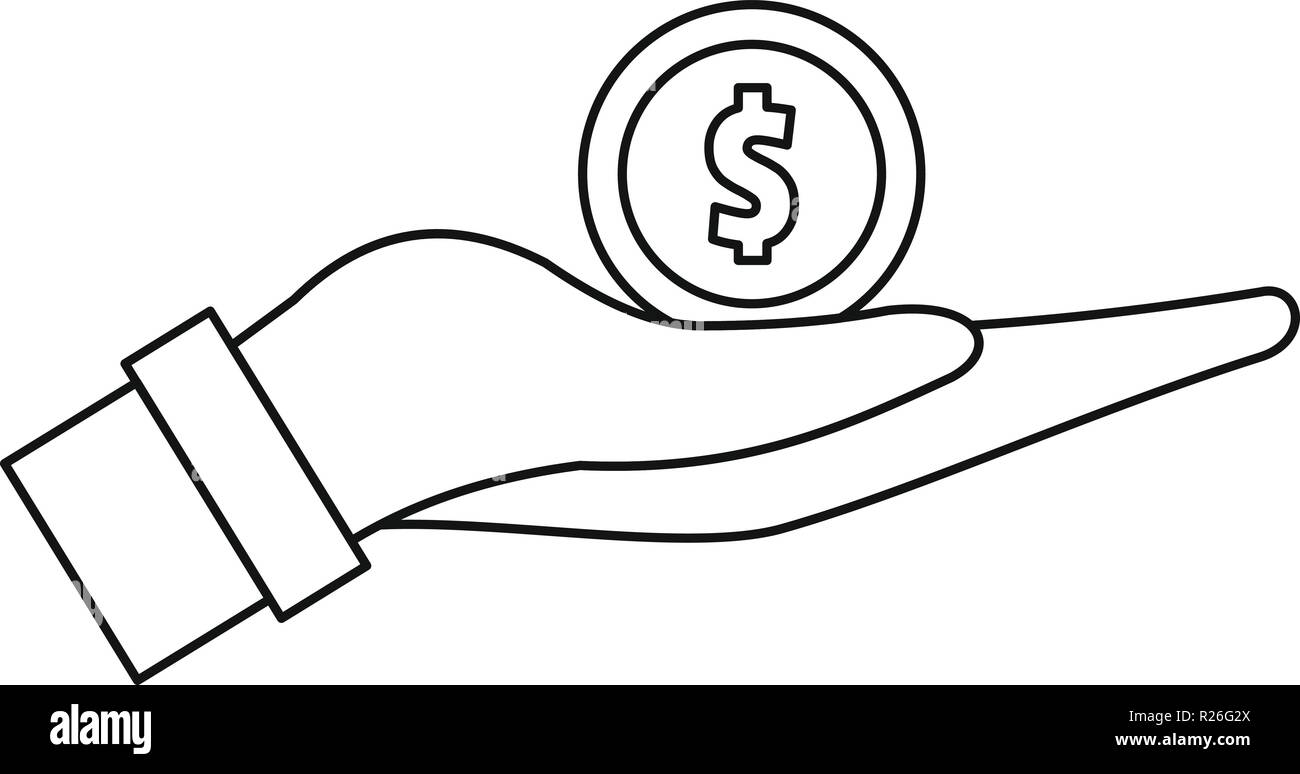 Coin in hand icon. Outline illustration of coin in hand vector icon for ...