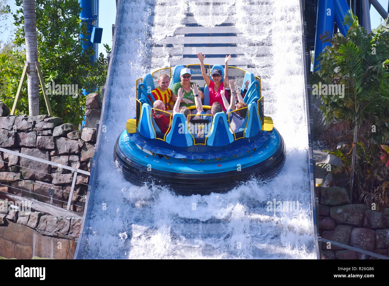 Orlando, Florida. October 19, 2018. Funny woman raising hands in ...