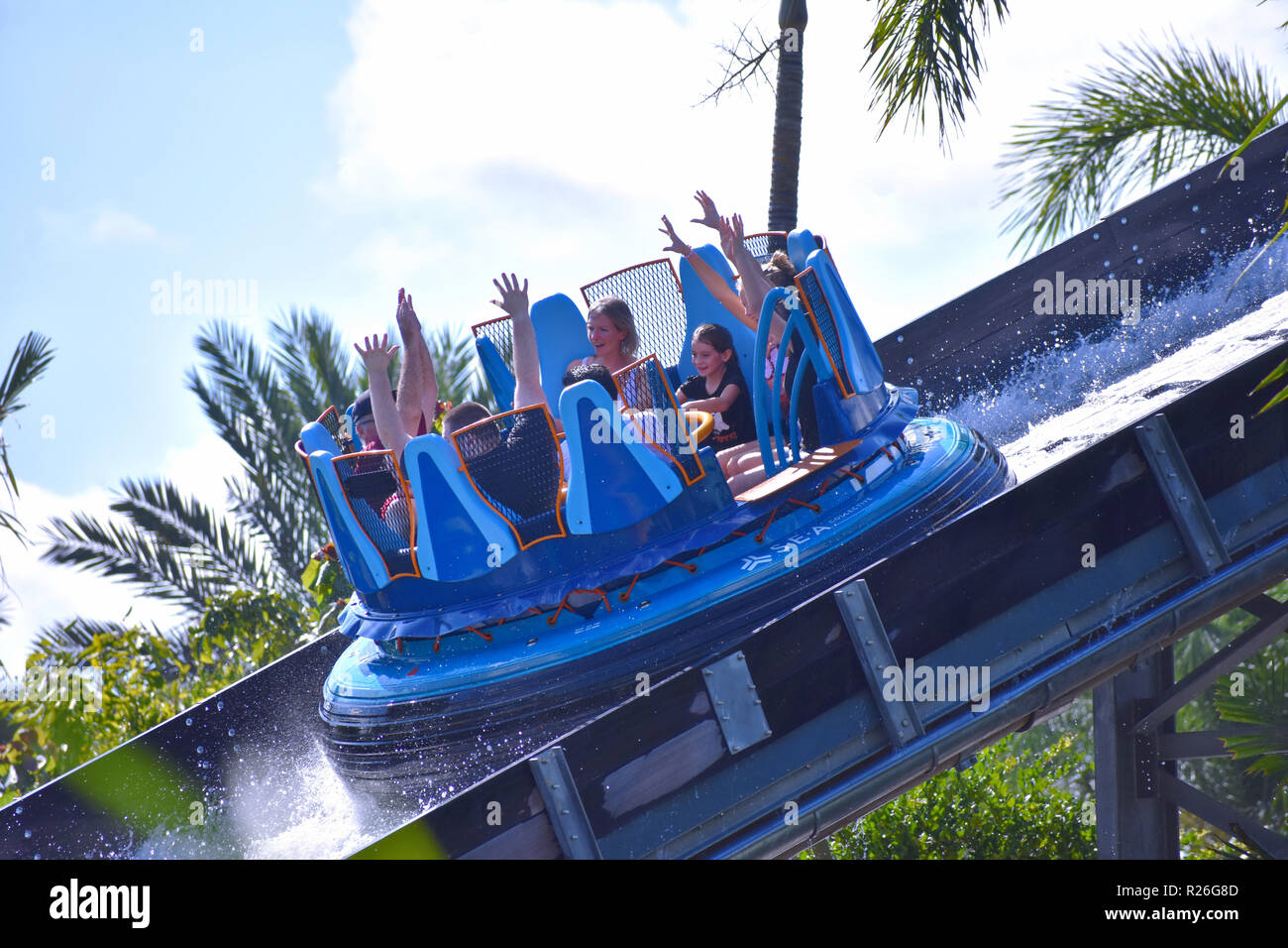 Orlando, Florida. October 19, 2018. Happy Family on board raft boat ...