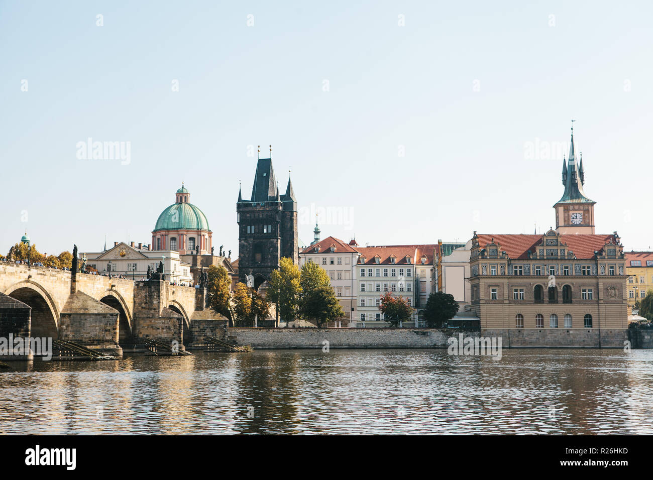 Beautiful view of the cityscape including the Charles Bridge and architecture and the Vltava ...