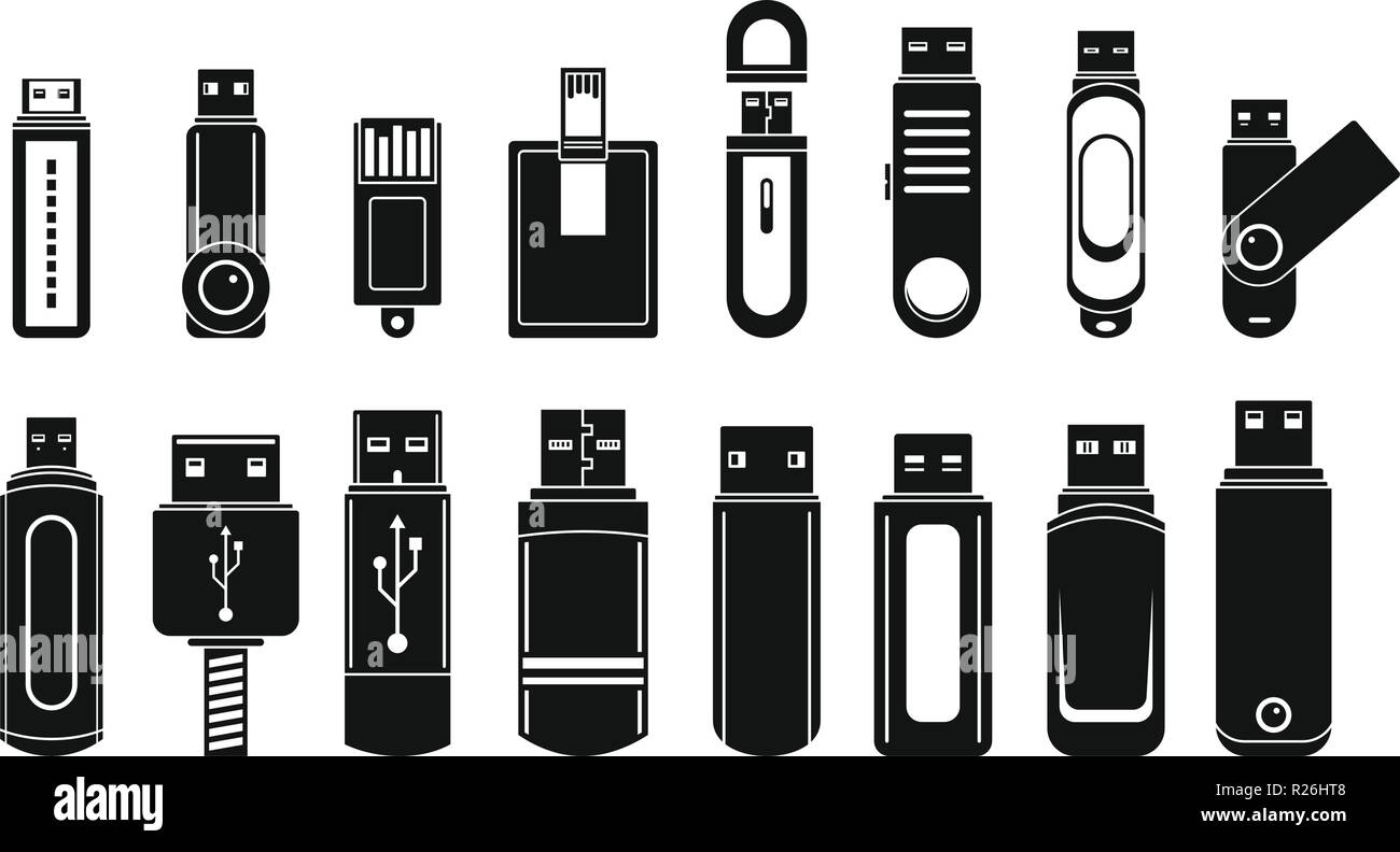 USB flash drive icons set. Simple illustration of 16 USB flash drive ...