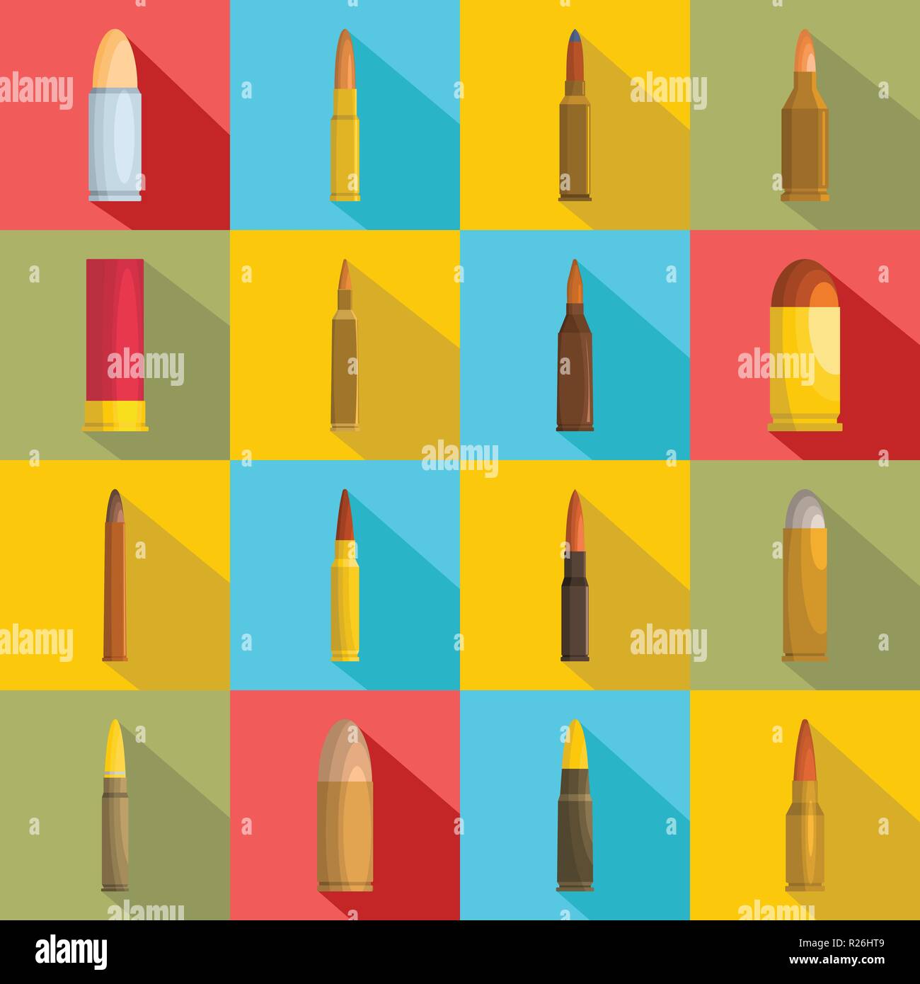 Bullet gun military icons set. Flat illustration of 16 bullet gun ...