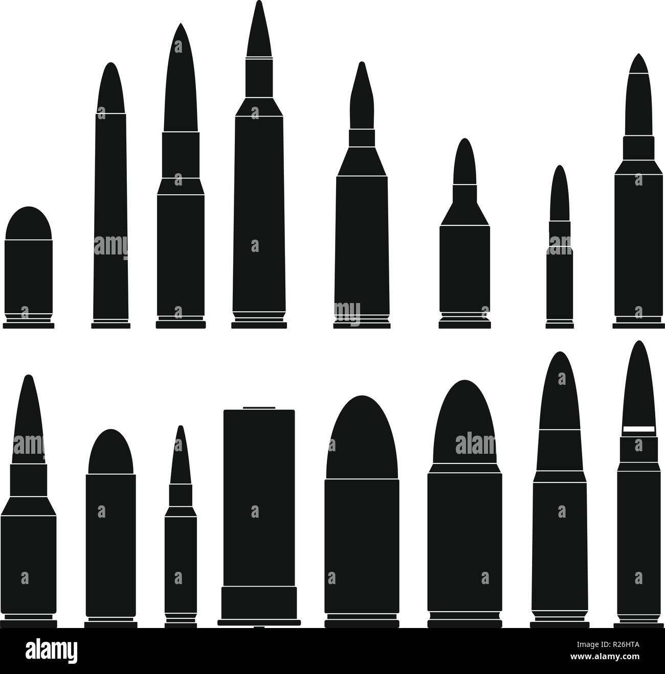 Bullet gun military icons set. Simple illustration of 16 bullet gun ...