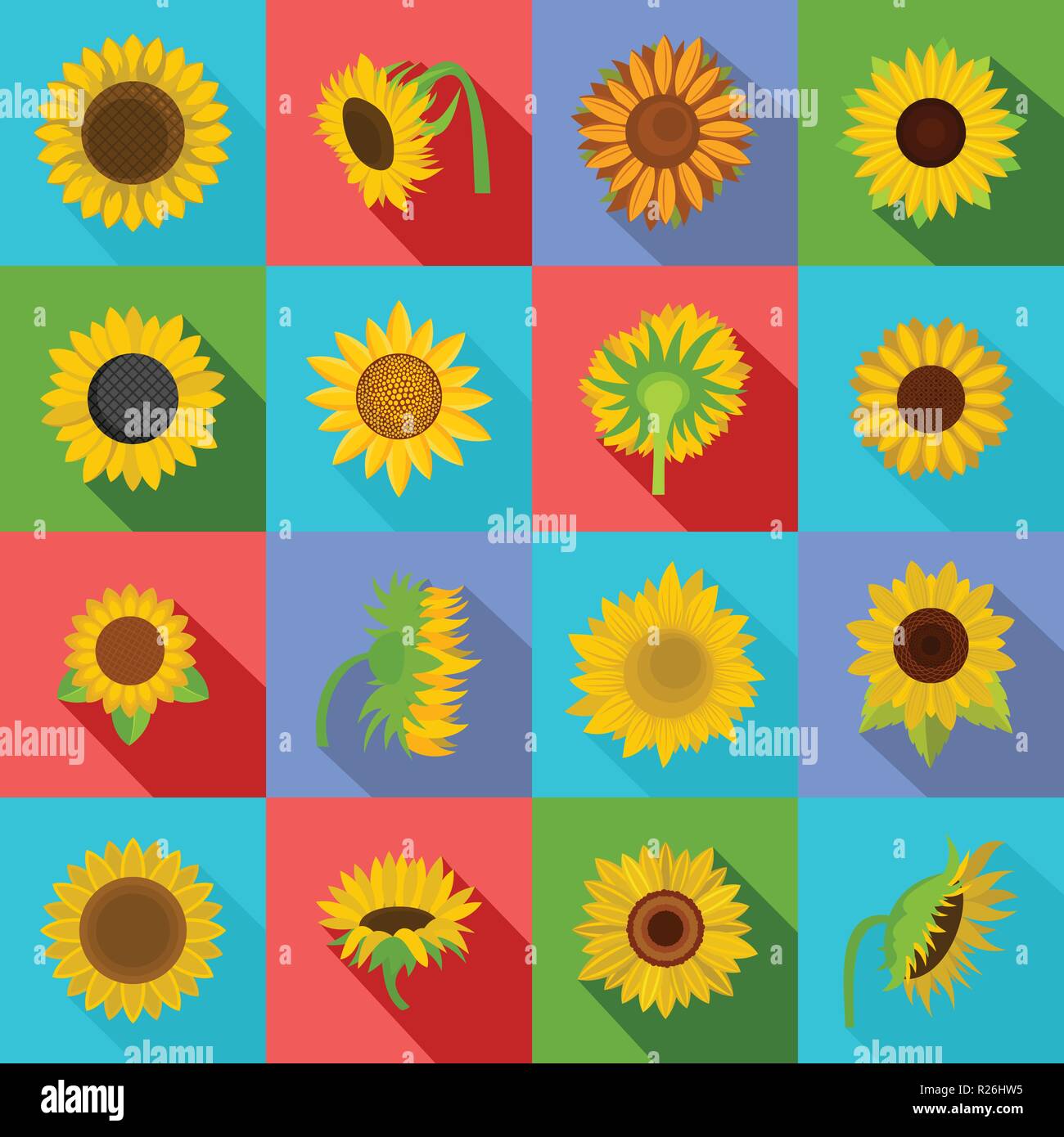 Sunflower blossom icons set. Flat illustration of 16 sunflower blossom ...