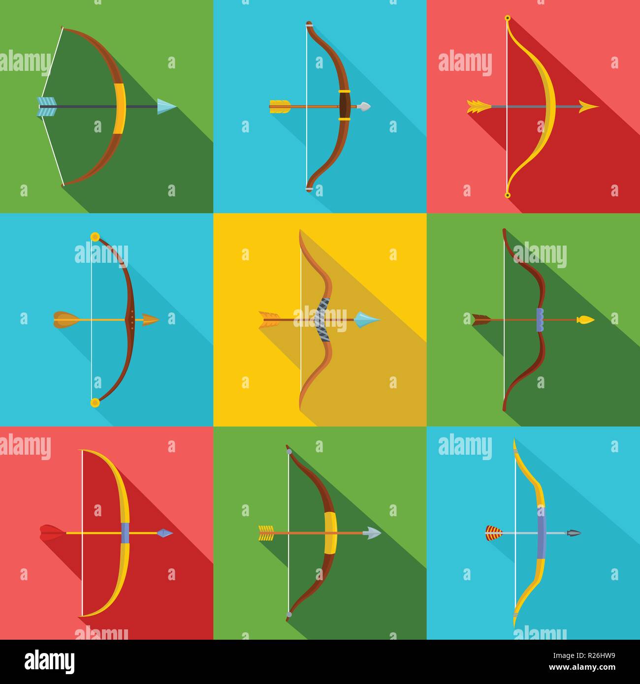 Bow arrow weapon icons set. Flat illustration of 9 bow arrow weapon ...