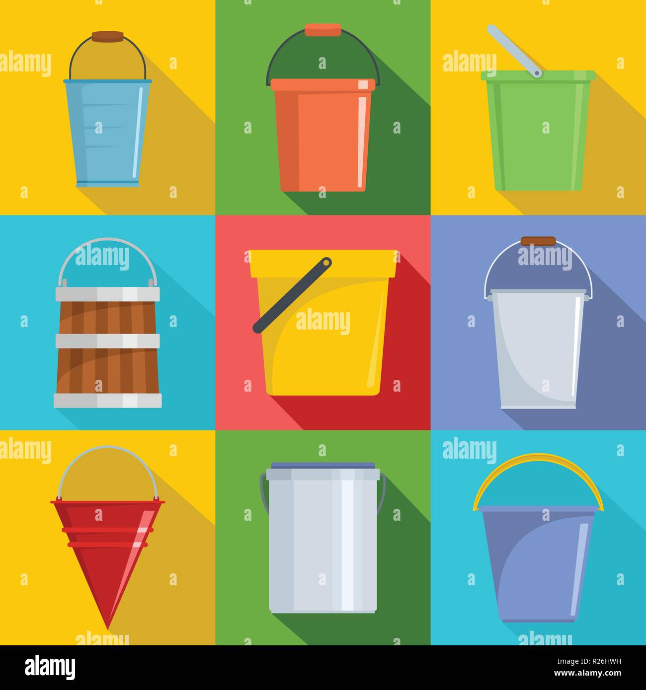Bucket types container icons set. Flat illustration of 9 bucket types ... Bucket types container icons set. Flat illustration of 9 bucket types ...