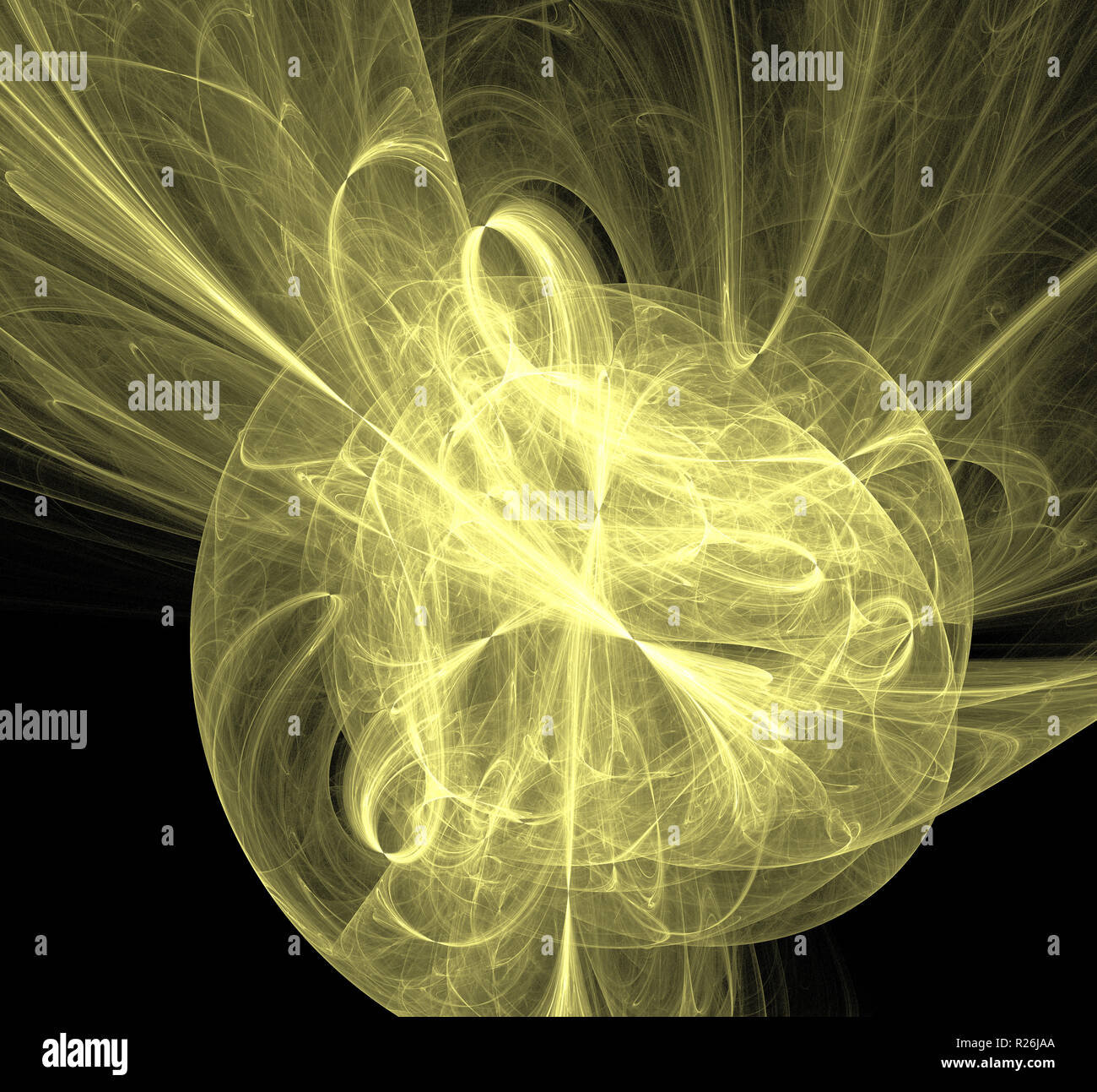 Yellow sphere fractal on black background. Fantasy fractal texture. Digital art. 3D rendering ...