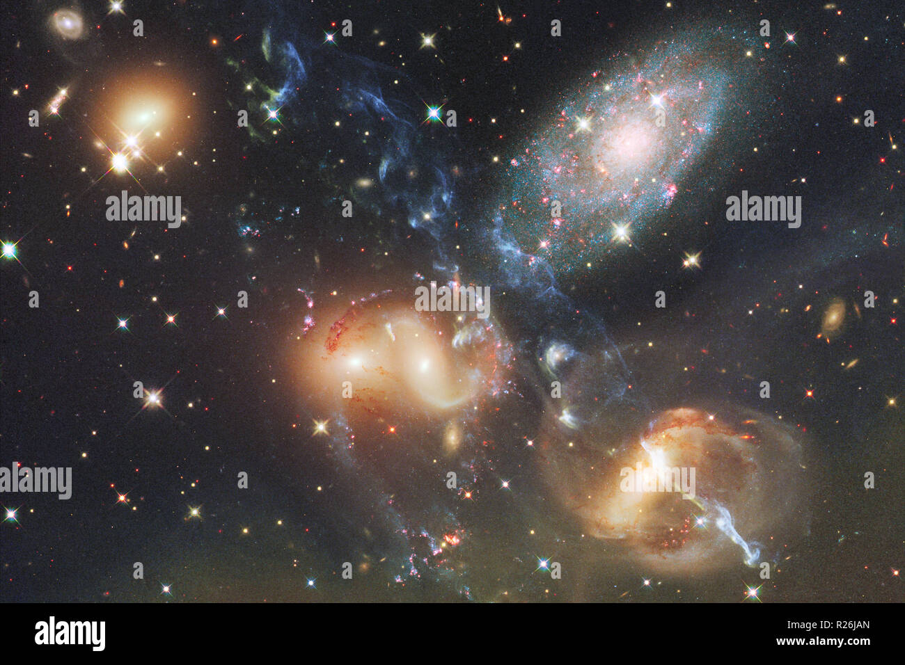 Universe scene with bright stars and galaxies in deep space showing the ...