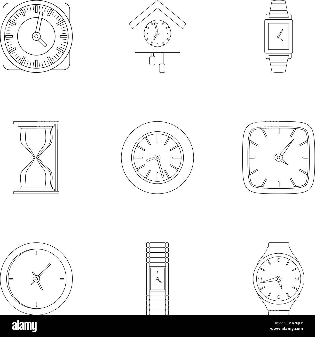 Chronometer icons set. Outline set of 9 chronometer vector icons for ...
