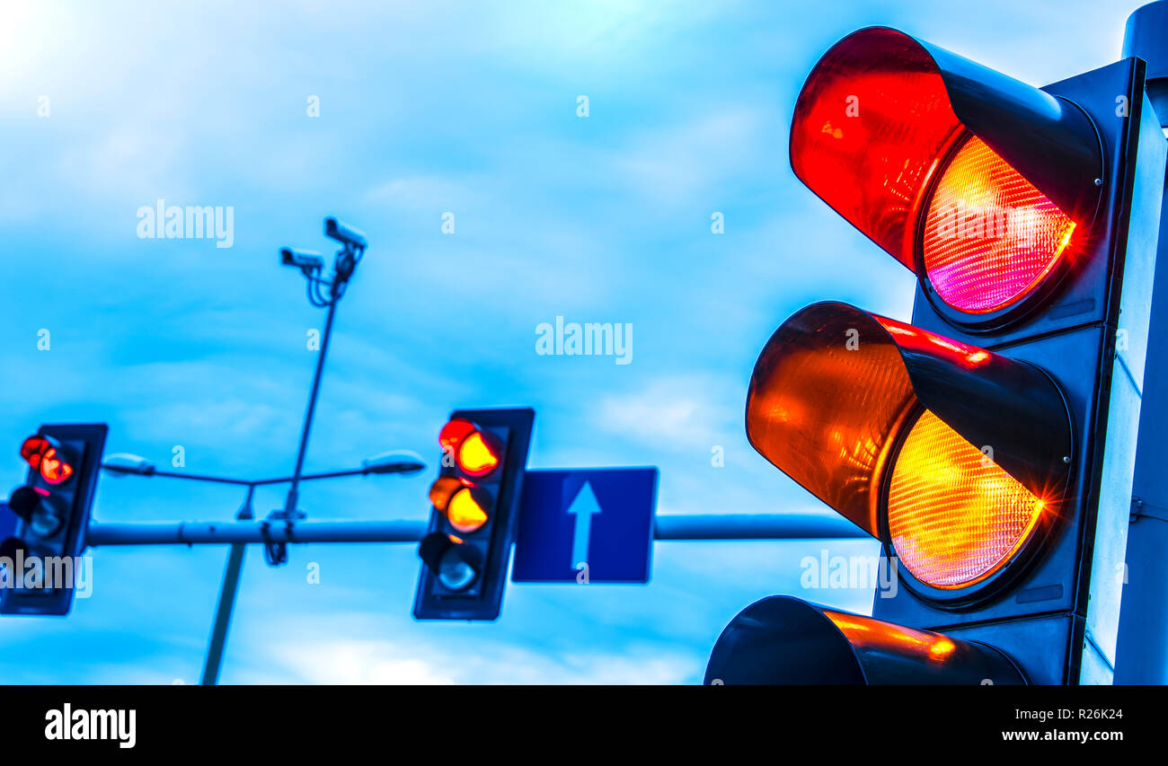 Traffic lights over urban intersection Stock Photo - Alamy