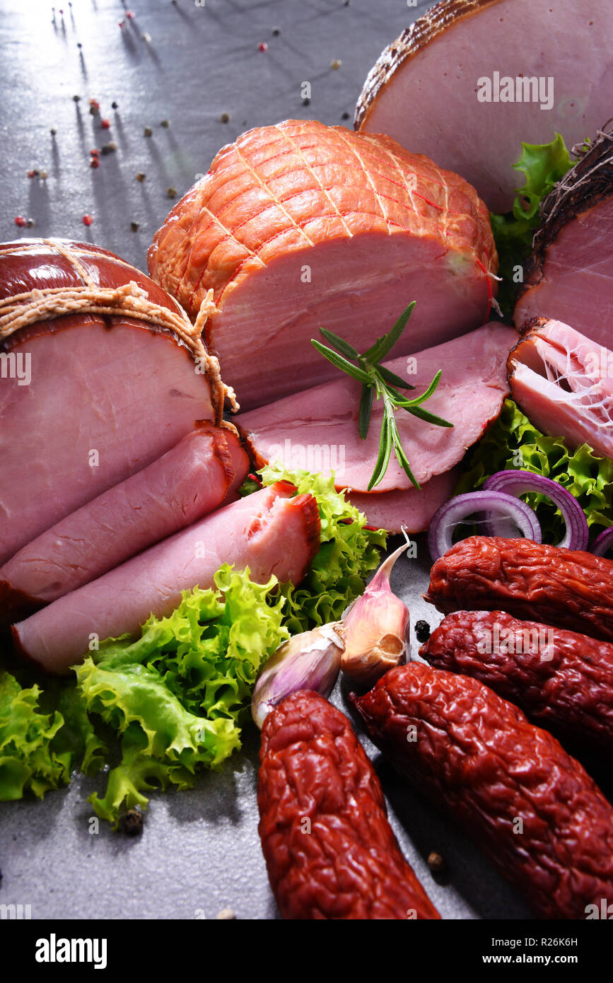 Composition with assorted meat products Stock Photo - Alamy
