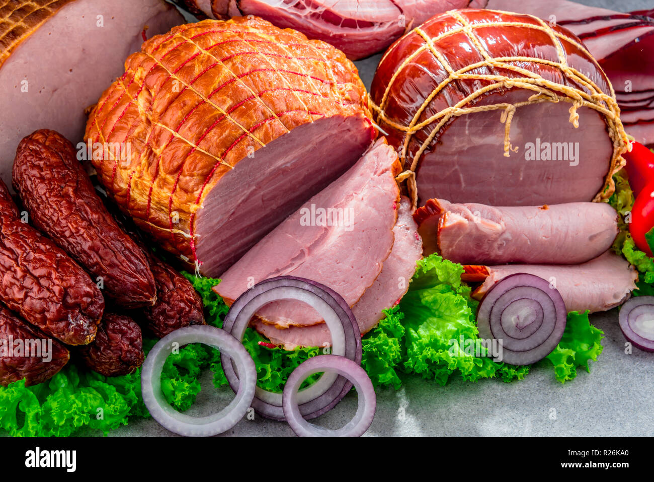 Composition with assorted meat products Stock Photo - Alamy