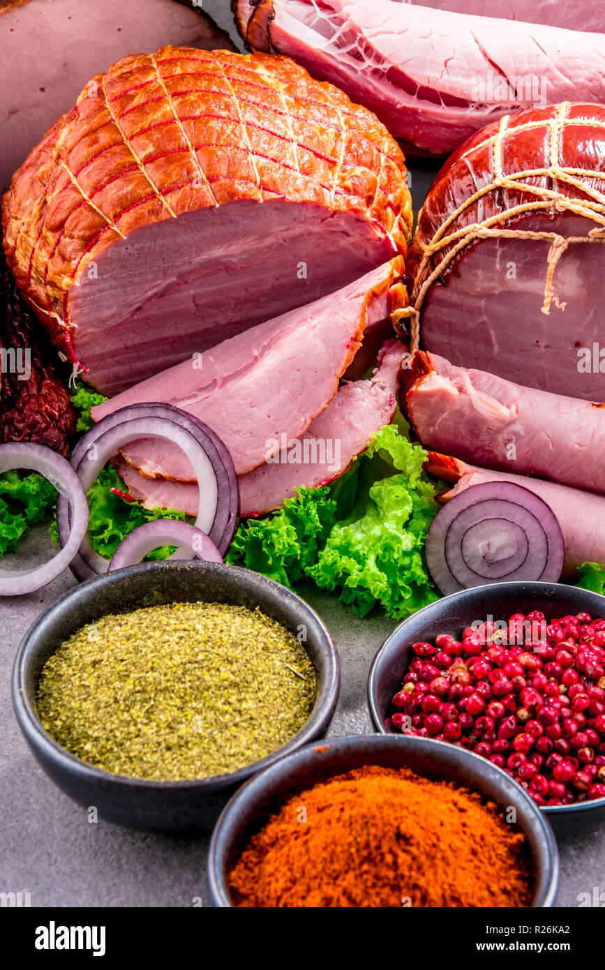 Composition with assorted meat products Stock Photo - Alamy