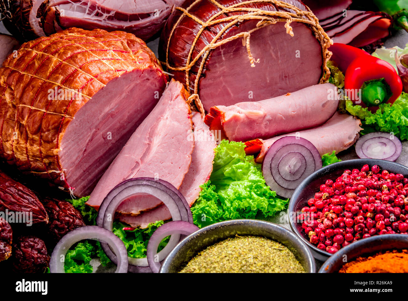 Composition with assorted meat products Stock Photo - Alamy