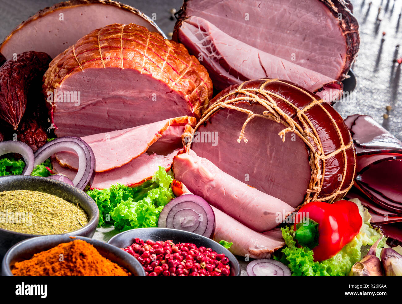 Composition with assorted meat products Stock Photo - Alamy