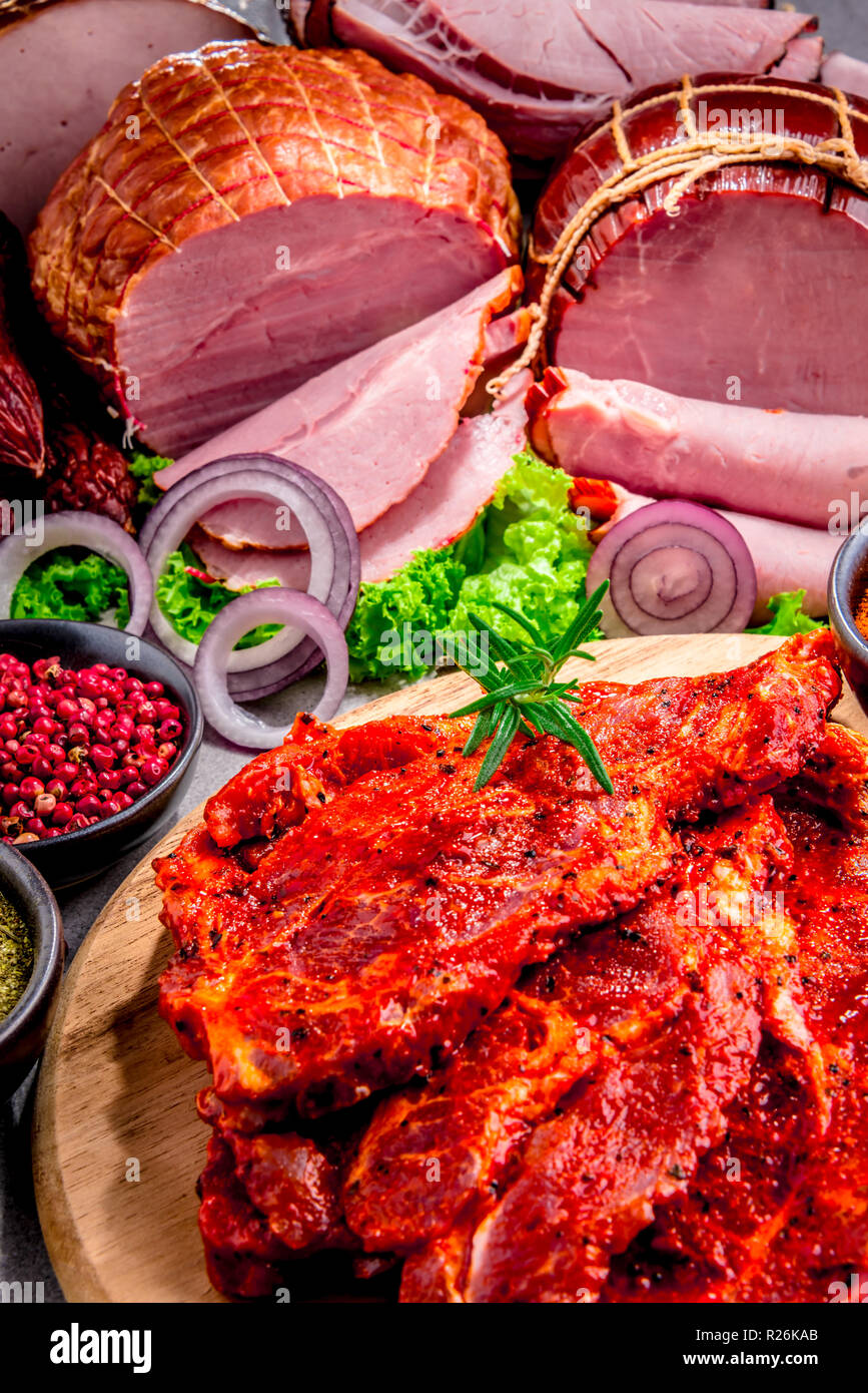 Composition with assorted meat products including ham, sausage and ...