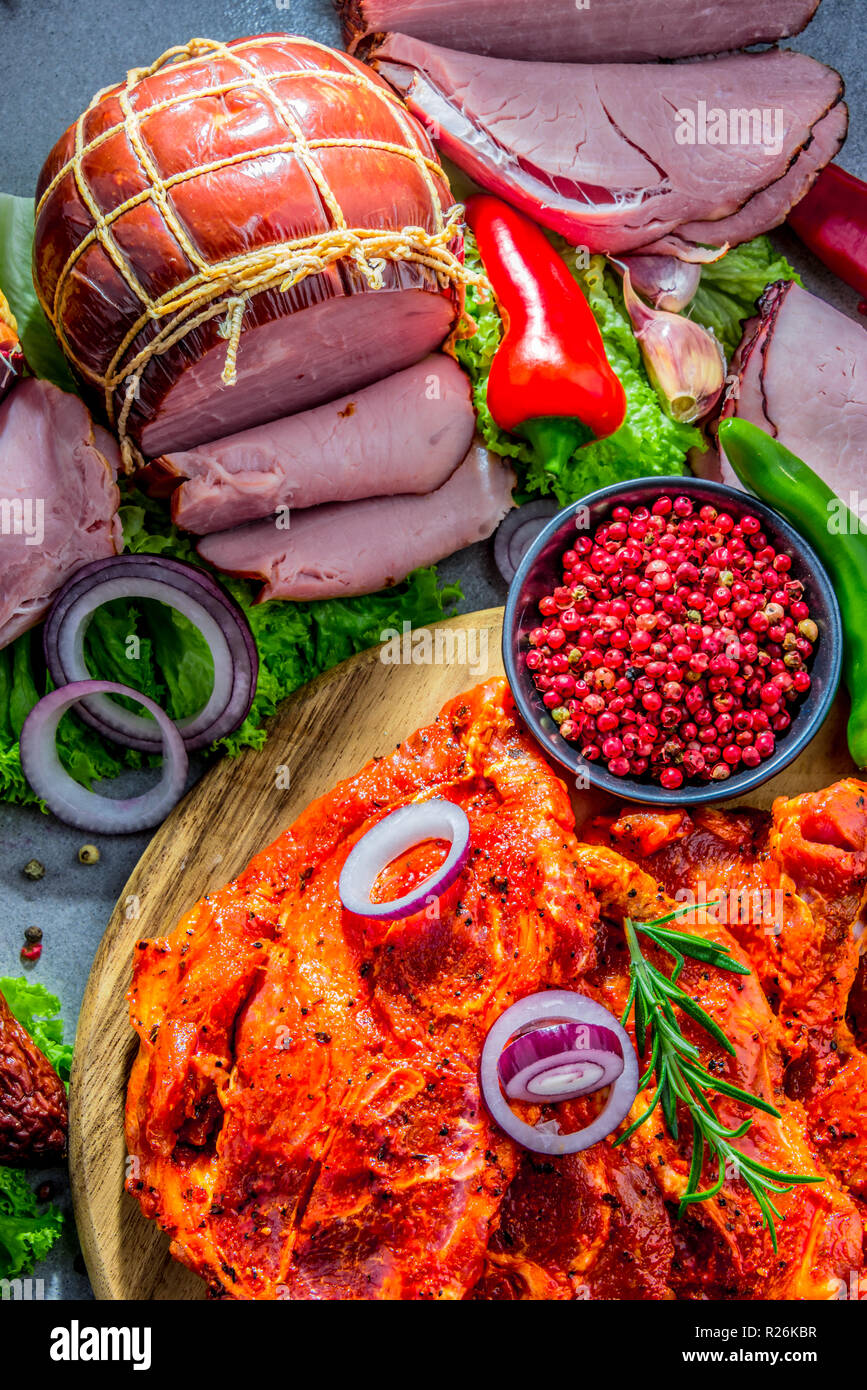 Composition with assorted meat products including ham, sausage and ...
