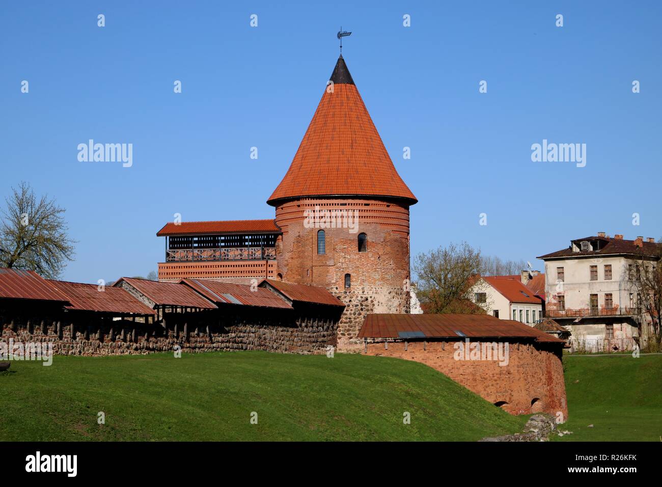 Medieval castle, fortress in Kaunas, Lithuania, with brick tower ...