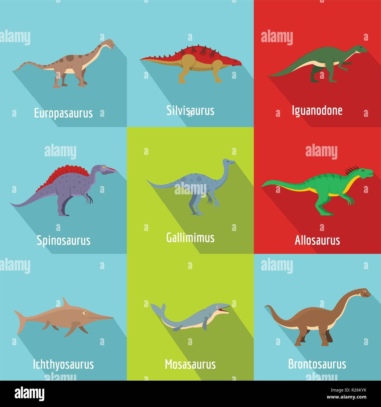 Dino icons set. flat set of 9 dino vector icons for web isolated on ...
