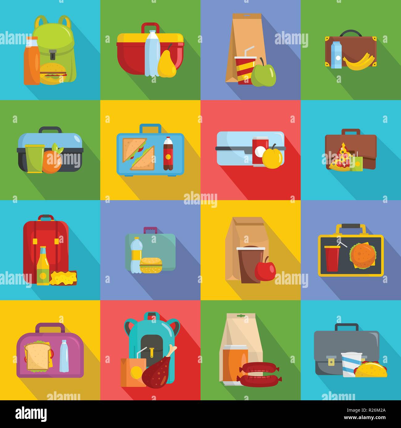 Lunchbox food icons set. Flat illustration of 16 lunchbox food vector ...