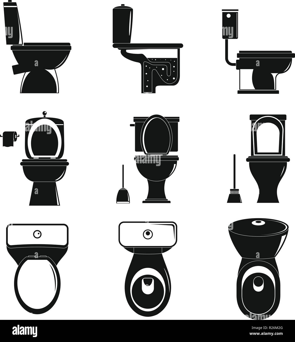 Toilet bowl icons set. Simple illustration of 9 toilet bowl vector ...