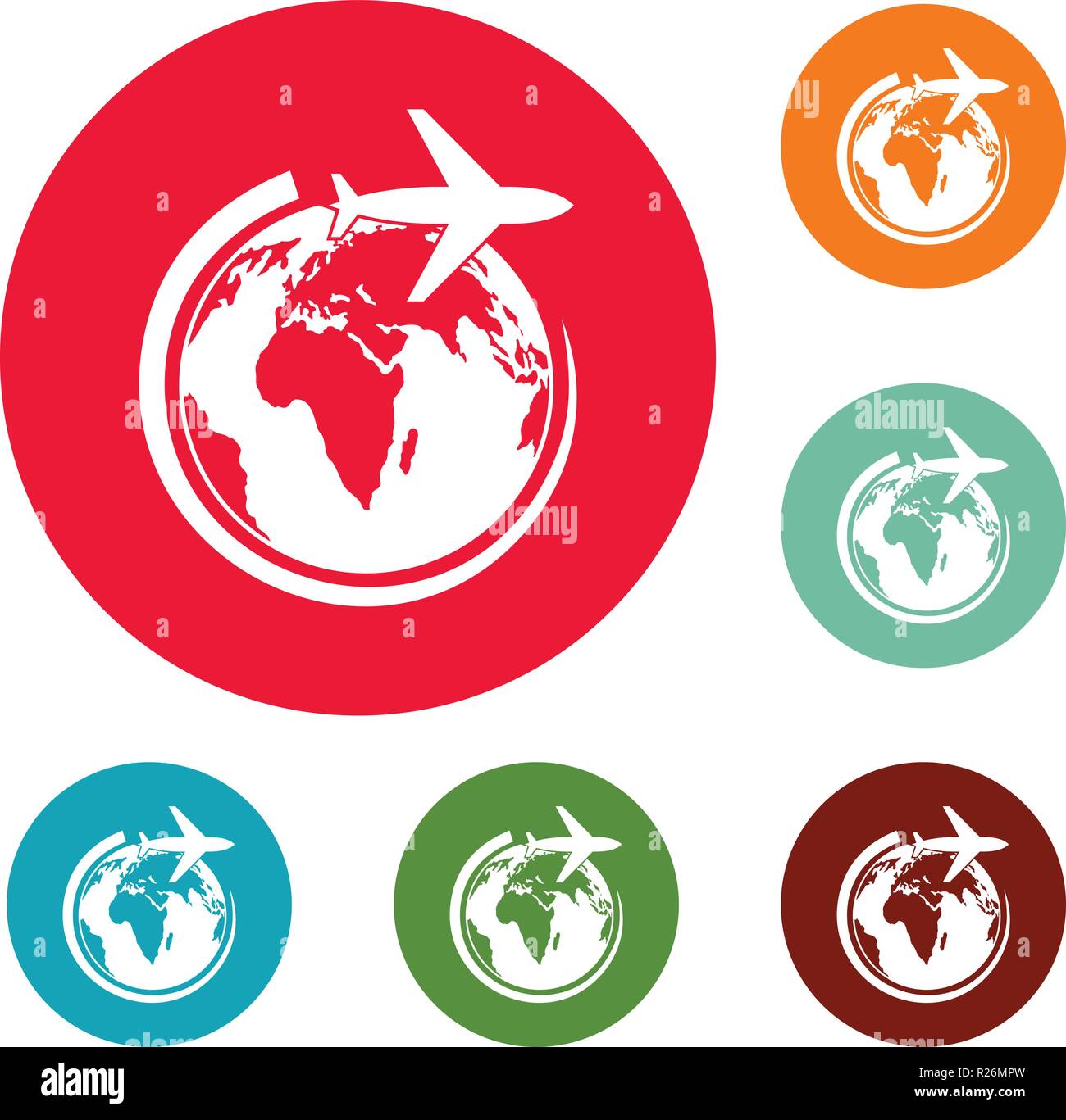Plane on earth icons circle set vector isolated on white background ...